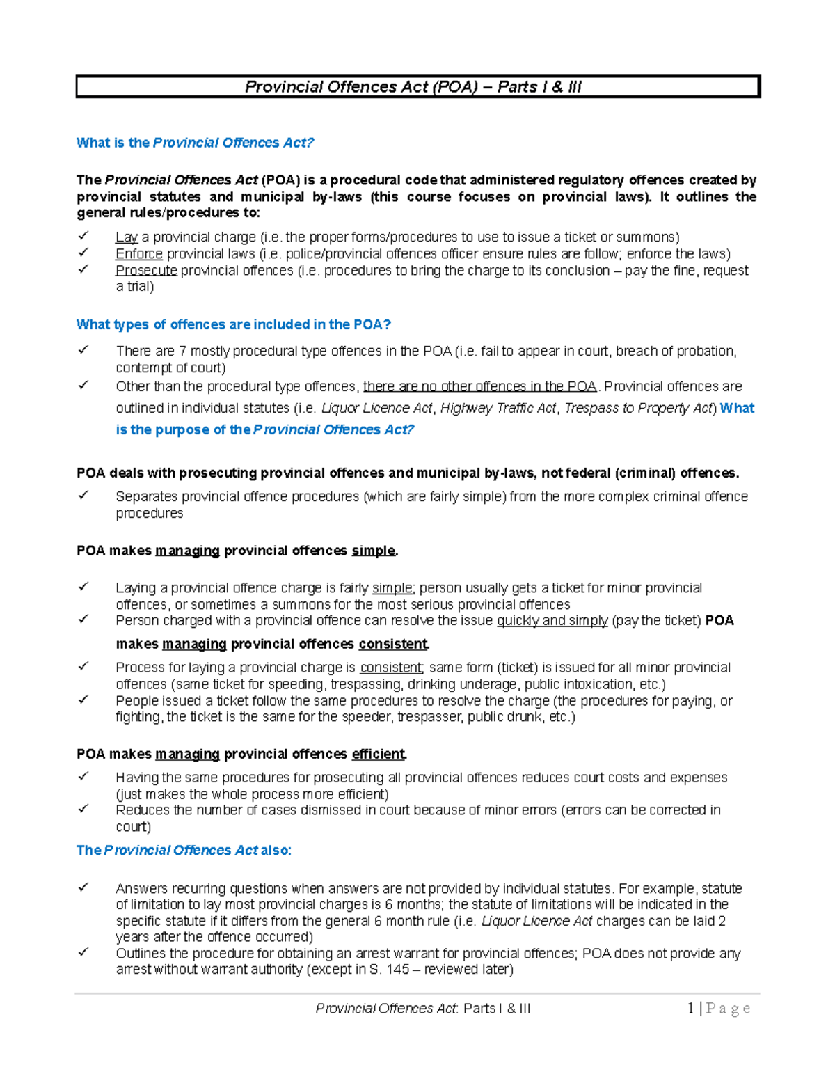 Provincial Offences Act Overview: Parts I & III Summary Notes - Studocu