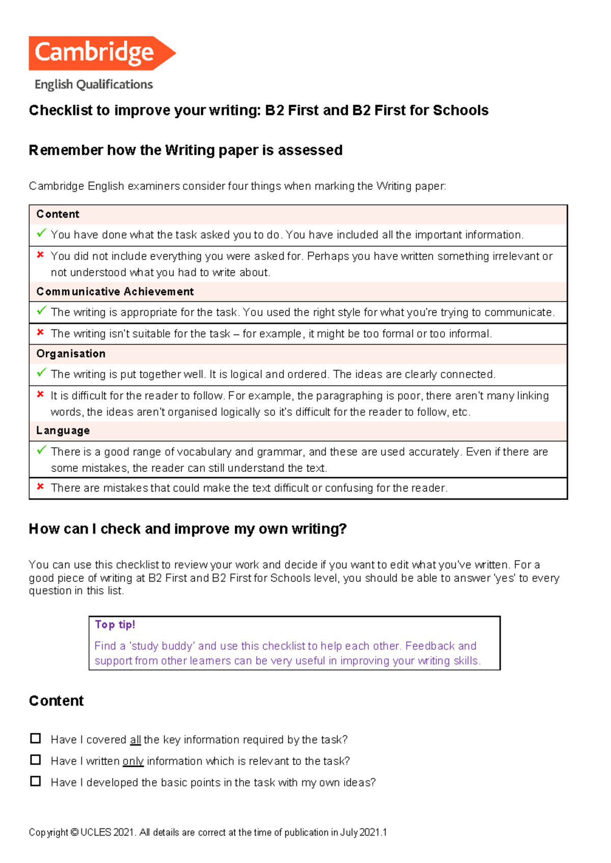 B2 Writing Improvement Checklist for B2 First & B2 First for Schools ...