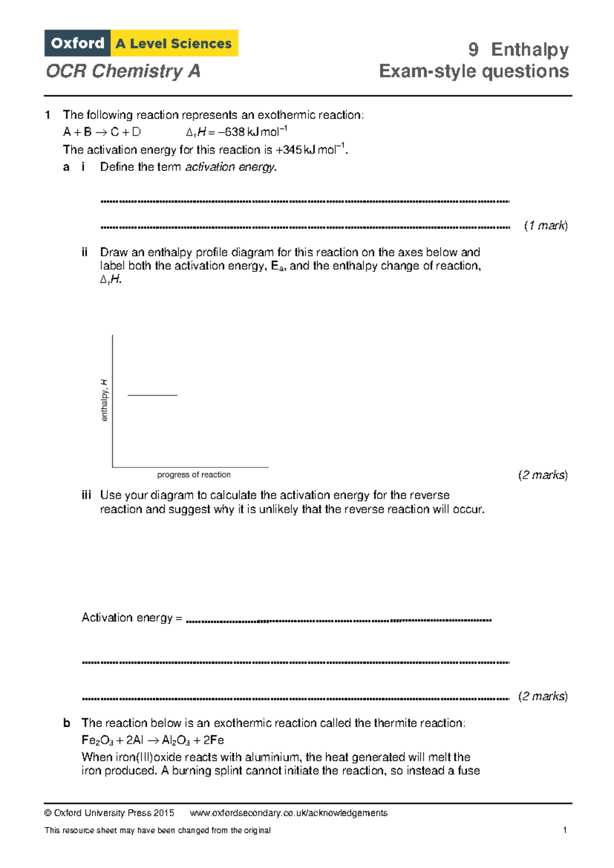 OCR Chemistry A: Enthalpy Assignment - Exam Questions Guide - Studocu