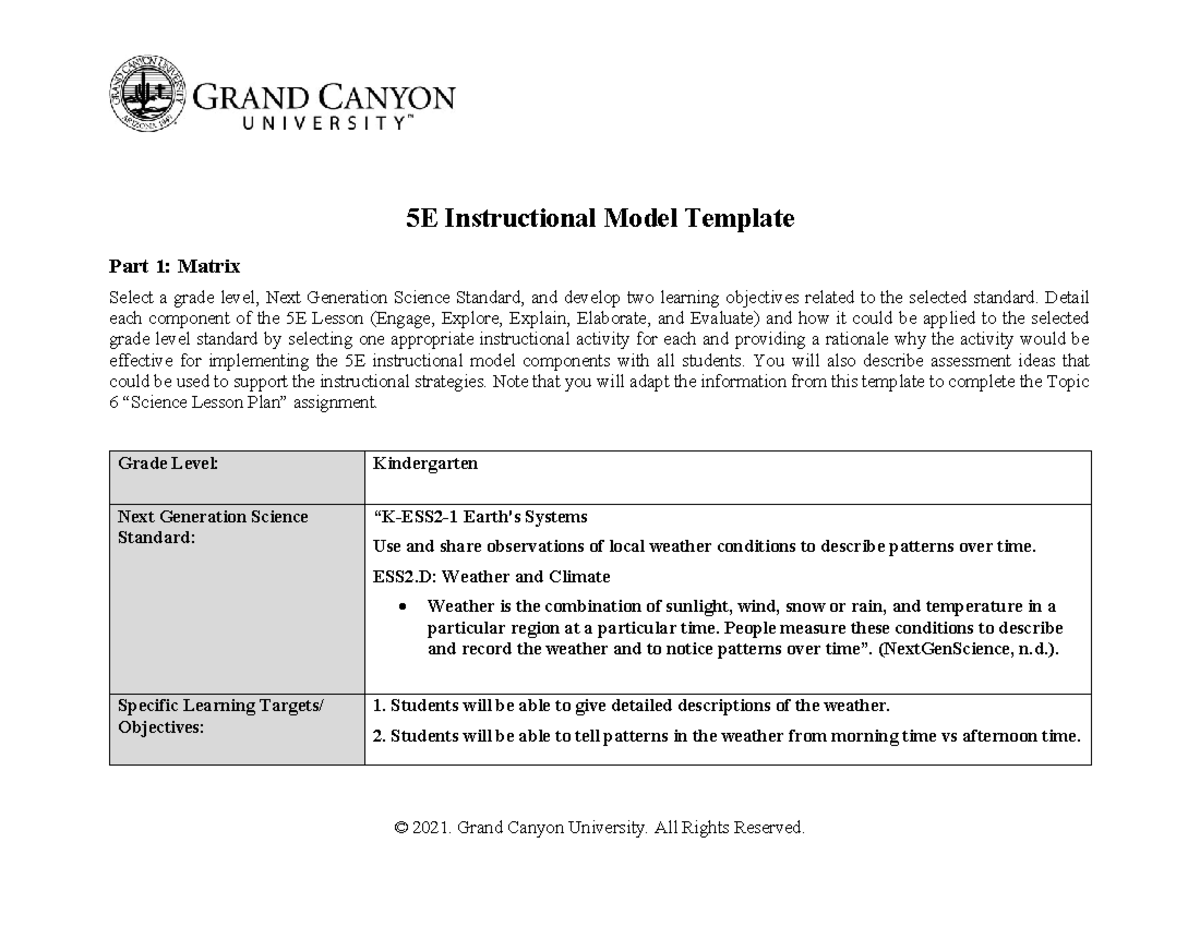 5E Instructional Model for Kindergarten: K-ESS2-1 Weather Lesson Plan ...