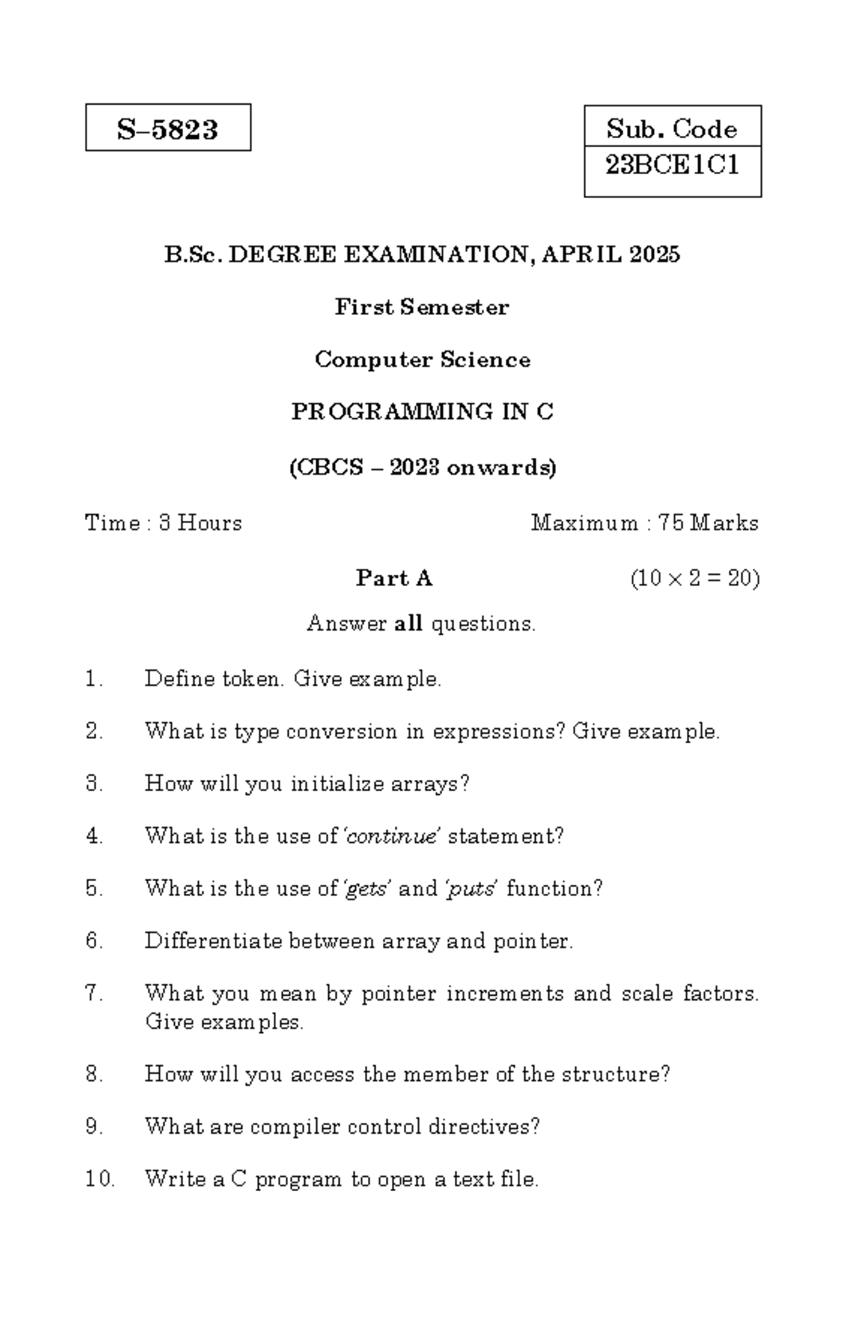 Sub. Code 23BCE1C1 B.Sc. Comp. Science Programming in C Exam Paper ...