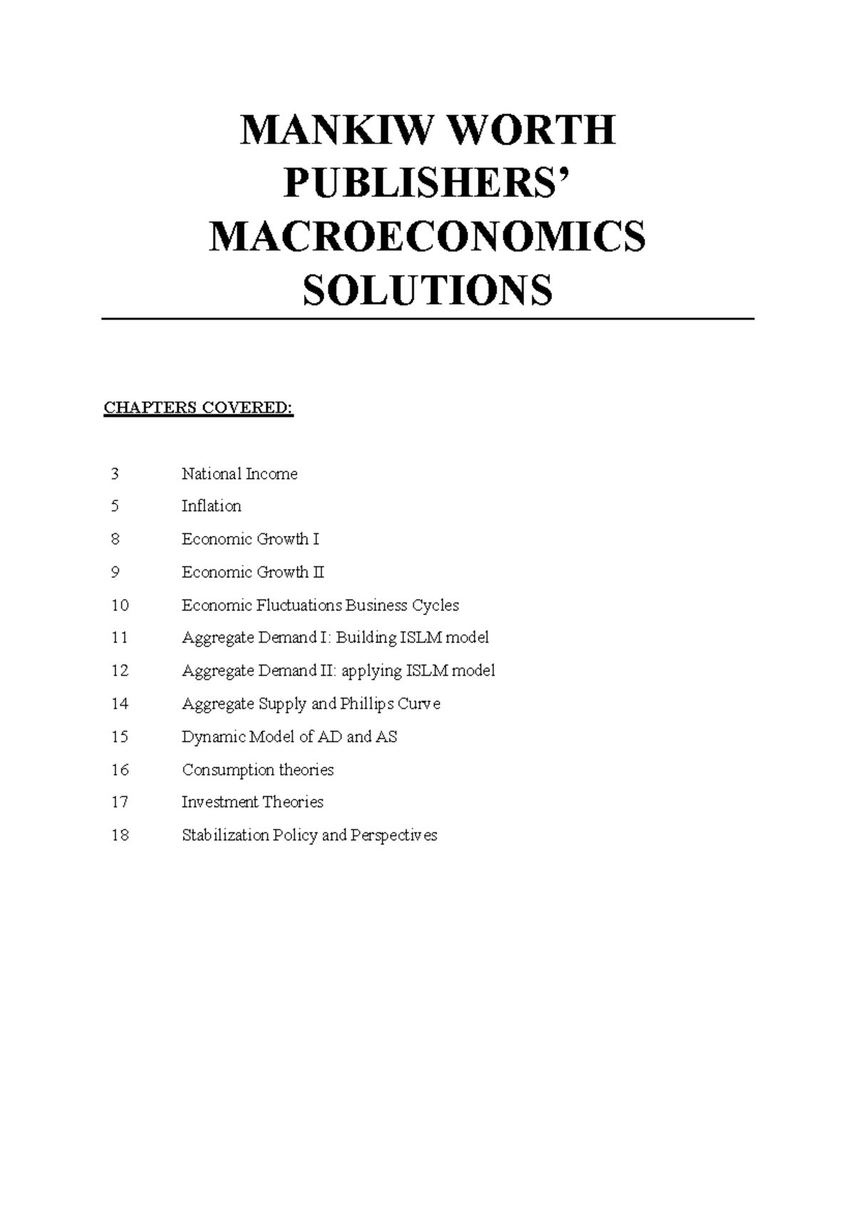 Solution Manual to N. G. Mankiw's Macroeconomics (Chapters 3, 5, 8-12 ...