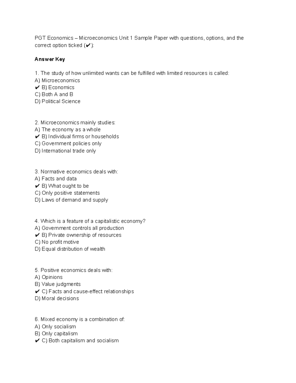PGT Economics Microeconomics Unit 1 Sample Paper Answer Key - Studocu