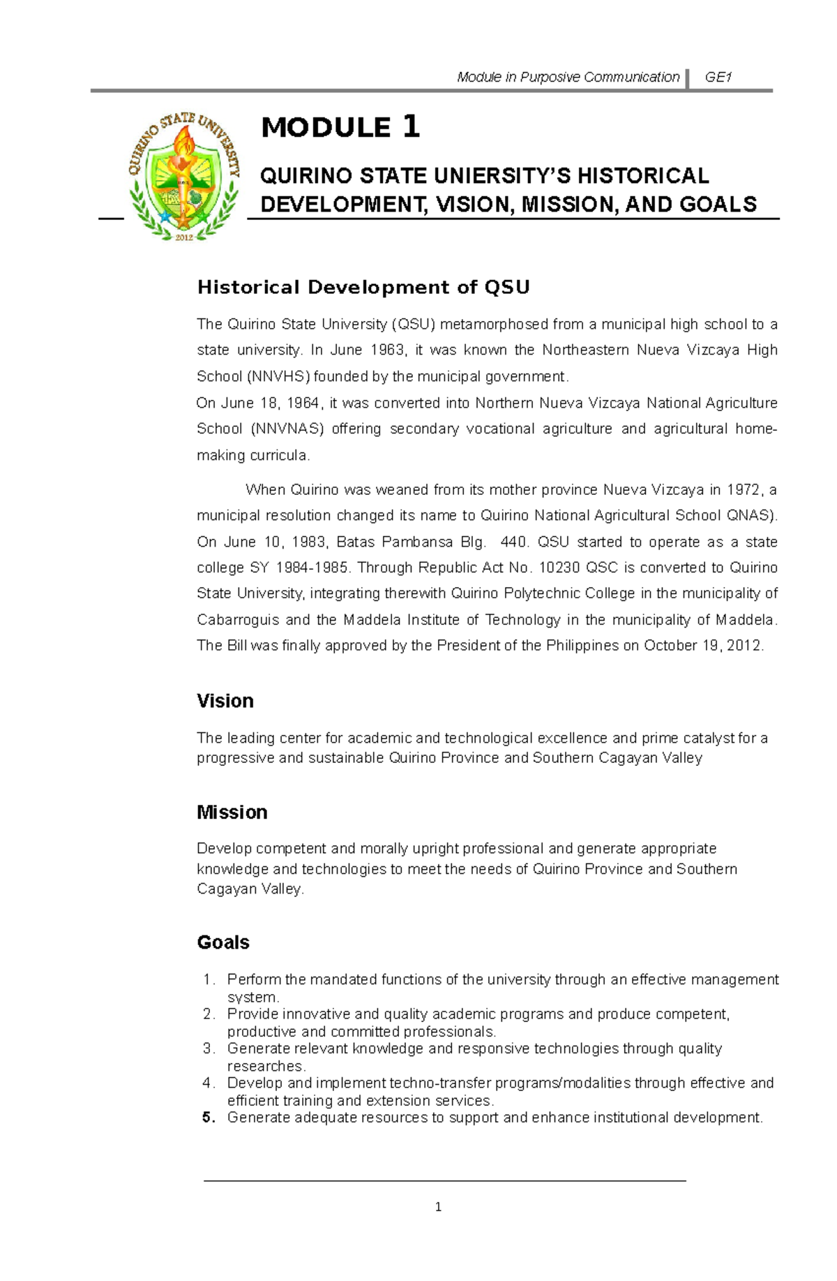 Module-Purposive-Comm - MODULE 1 QUIRINO STATE UNIERSITY’S HISTORICAL ...