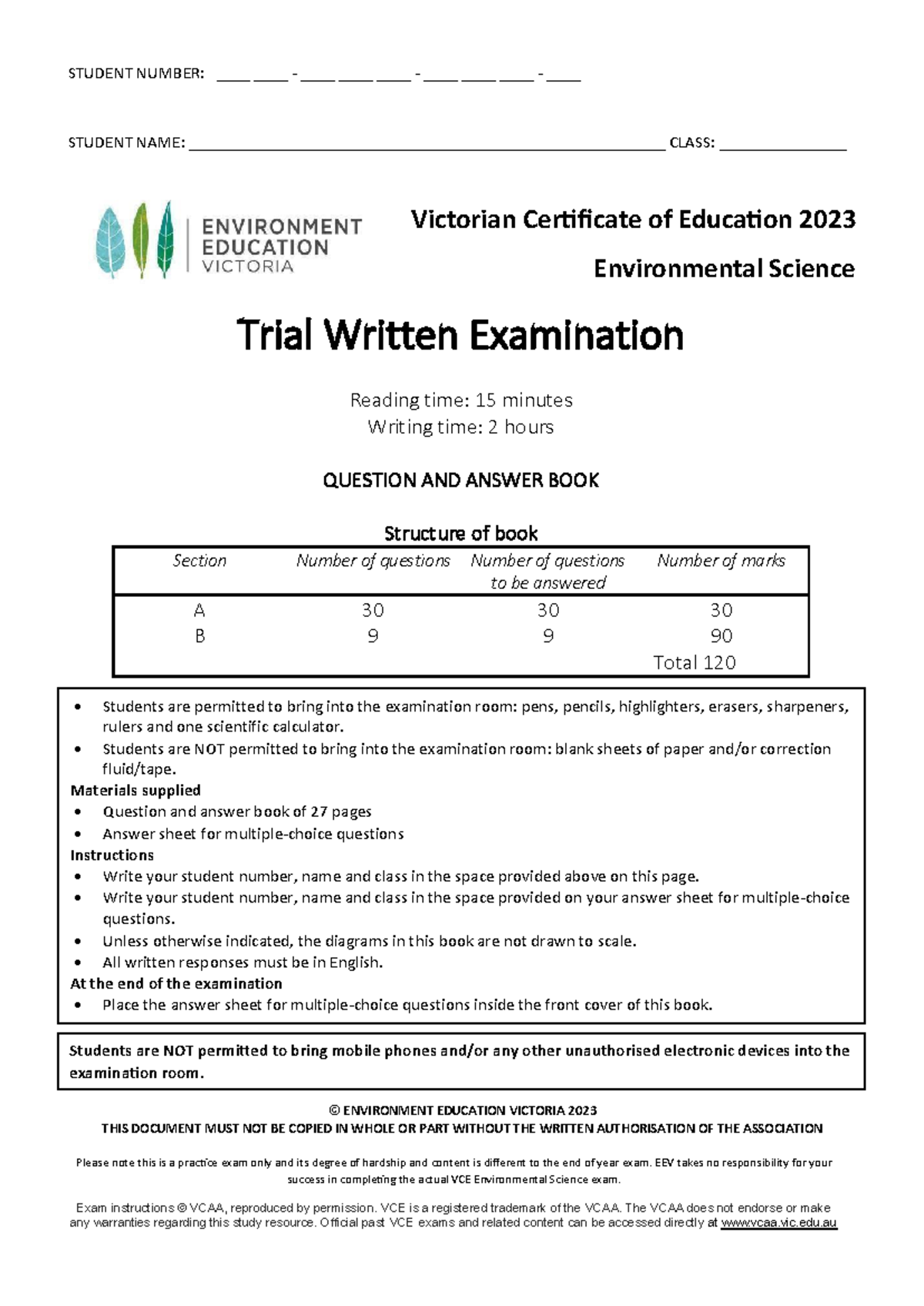 2023 EEV VCE Environmental Science Trial Exam Guide - Studocu