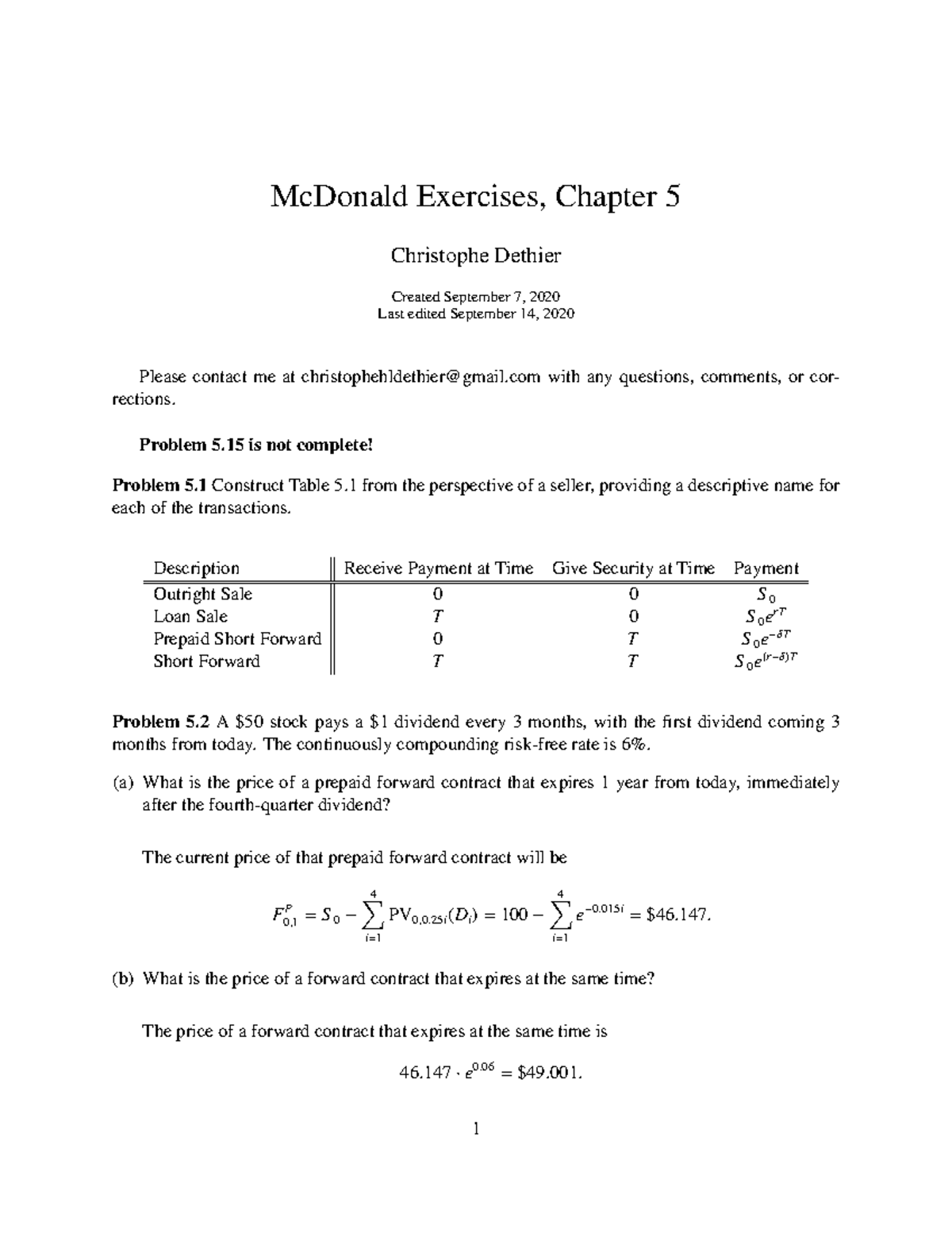 Ef4321 chapter 5 - McDonald Exercises, Chapter 5 Christophe Dethier ...