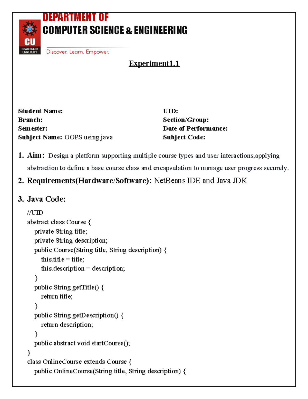 Worksheet for java - DEPARTMENT OF COMPUTER SCIENCE & ENGINEERING Experiment1. Student Name ...