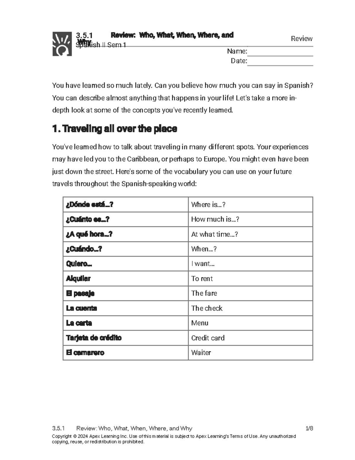 Spanish II Sem 1: Review of Key Concepts (Who, What, When, Where, Why ...