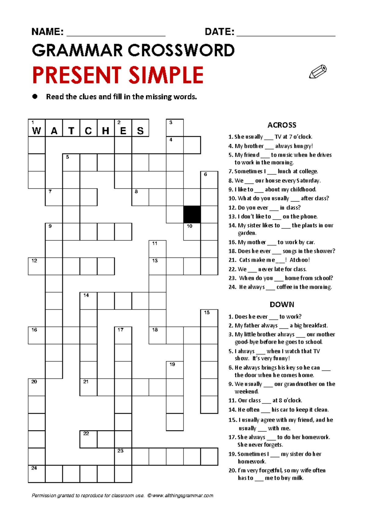 Present Tense Crossword Puzzle: Grammar Practice - Studocu