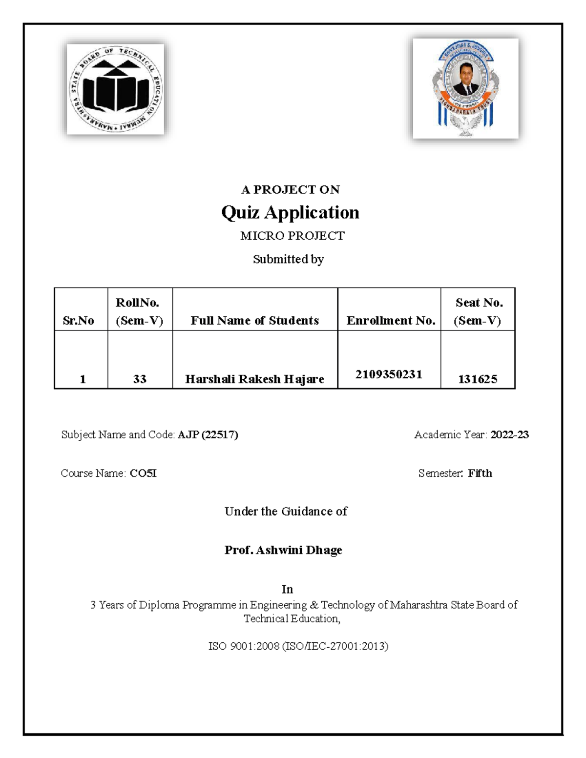 AJP Microproject - Adavnced java project - A PROJECT ON Quiz Application MICRO PROJECT Submitted ...