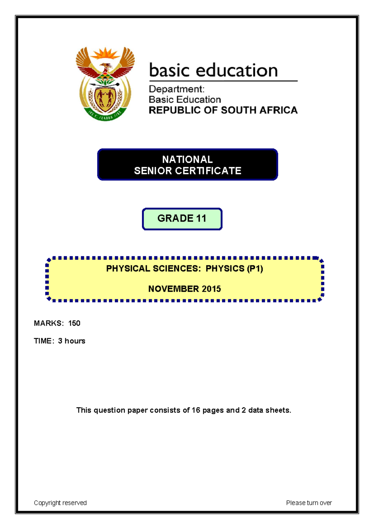 Physical Sciences P1 Grade 11 November 2015 Exam Paper - Studocu