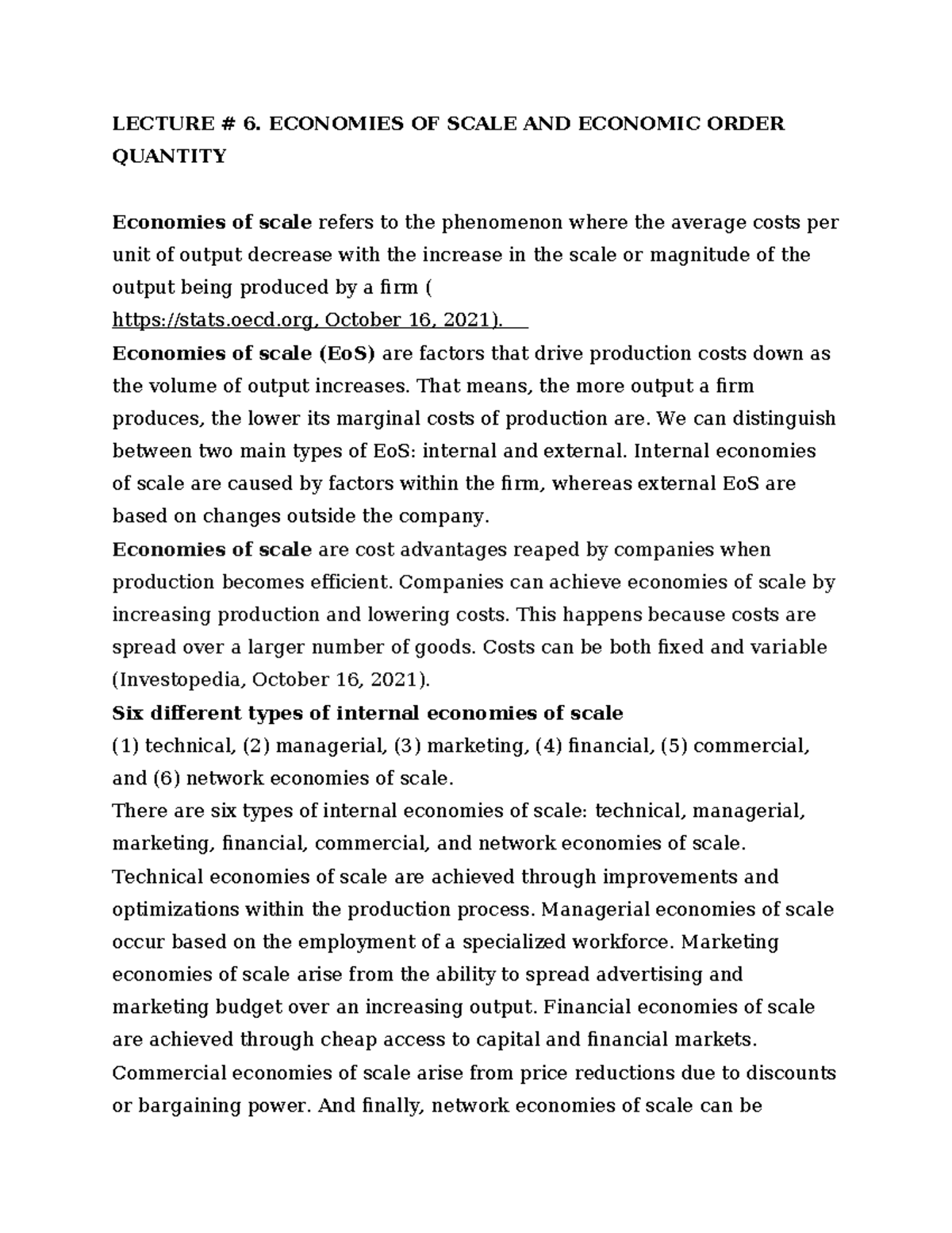 LECTURE 6: ECONOMIES OF SCALE & ECONOMIC ORDER QUANTITY - Studocu