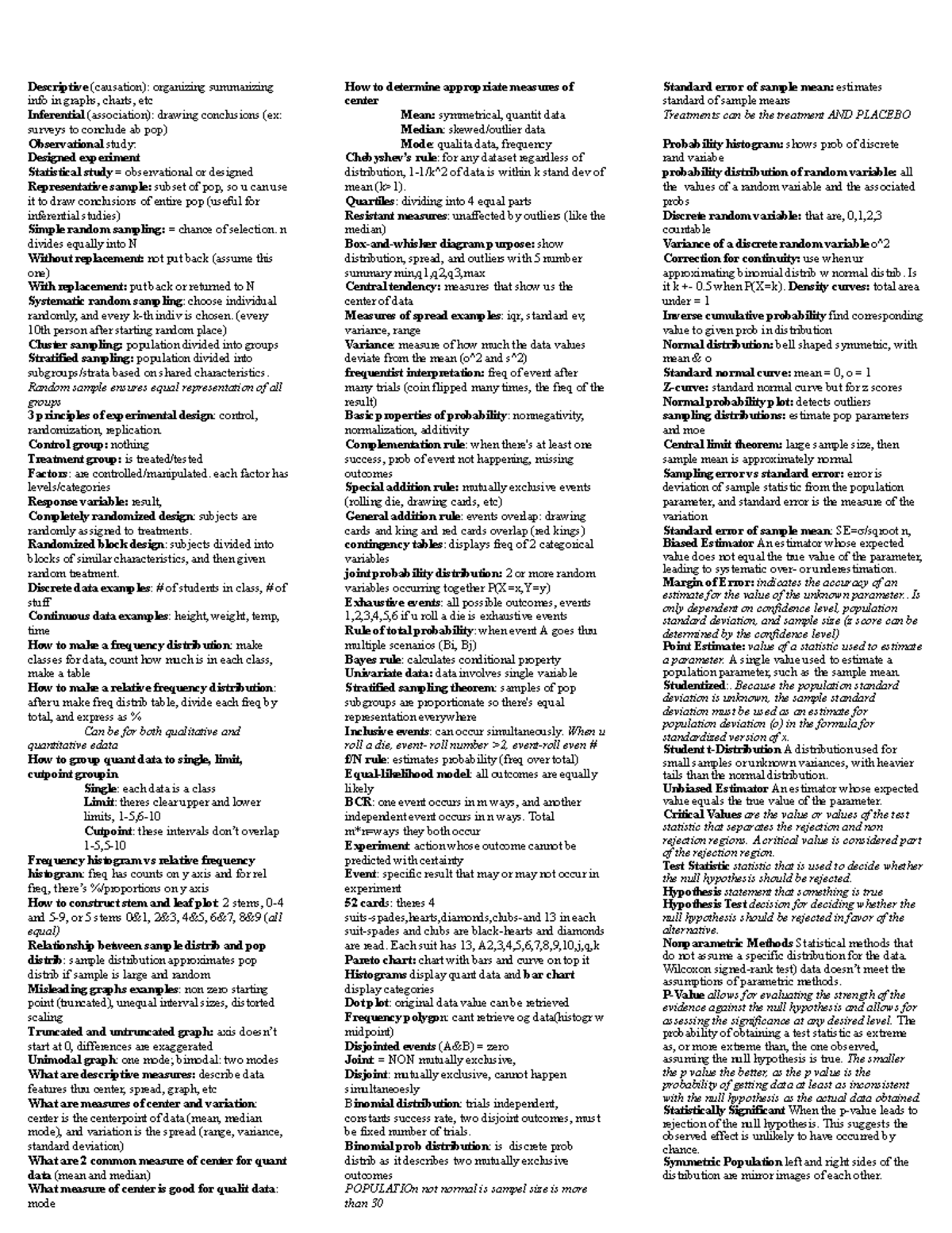 Stats 101 Final Exam Cheat Sheet: Key Concepts & Techniques - Studocu