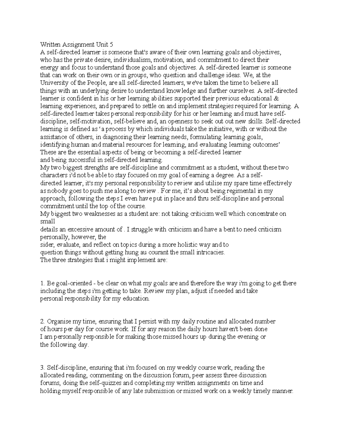 Written assignment 5 - Copy - Written Assignment Unit 5 A self-directed ...