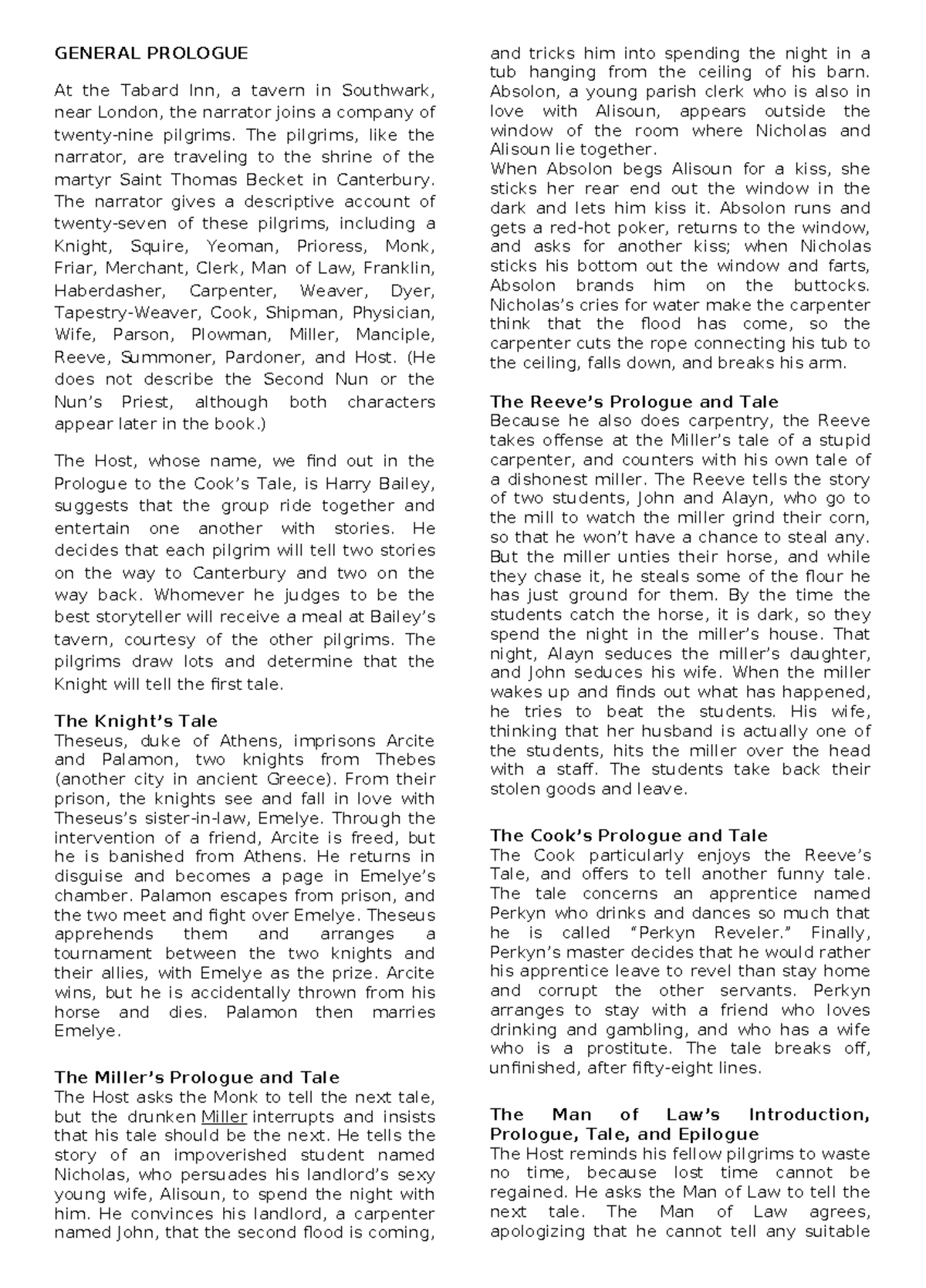 The Canterbury Tales Overview: General Prologue to Final Tales - Studocu