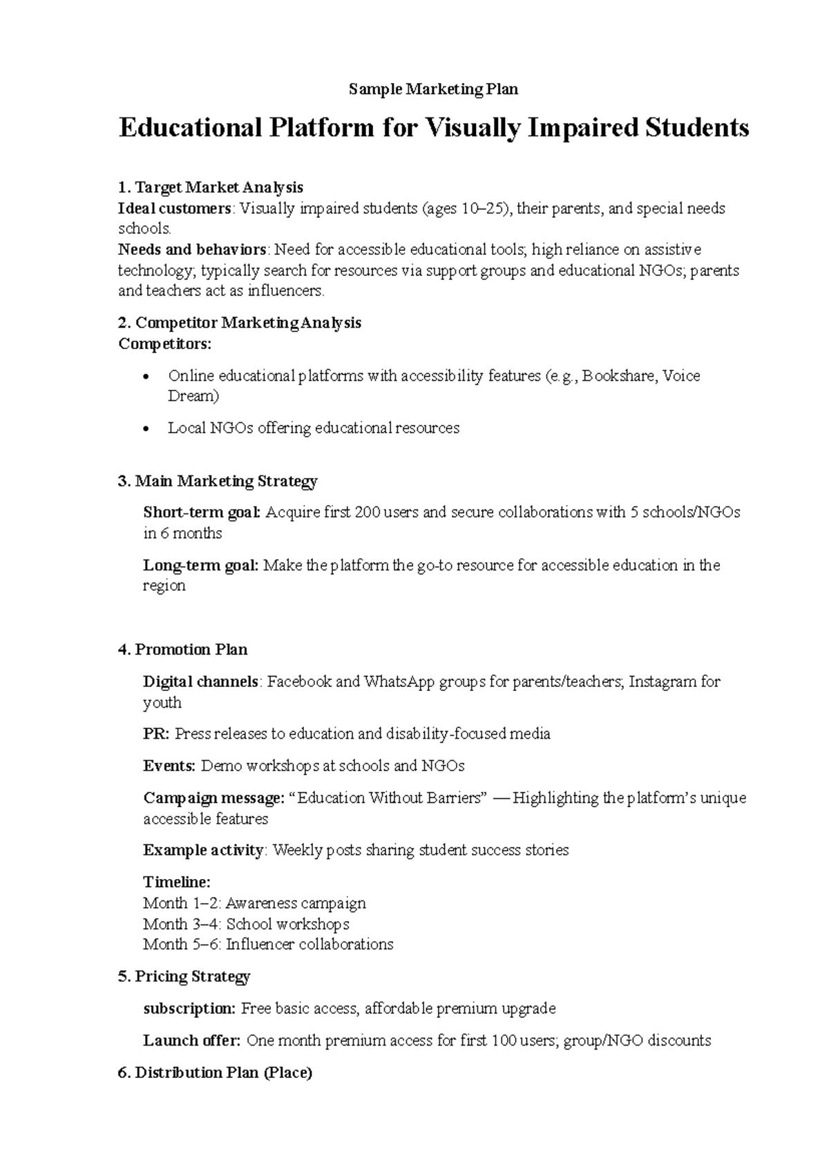 Sample Marketing Plan for Educational Platform for Visually Impaired ...