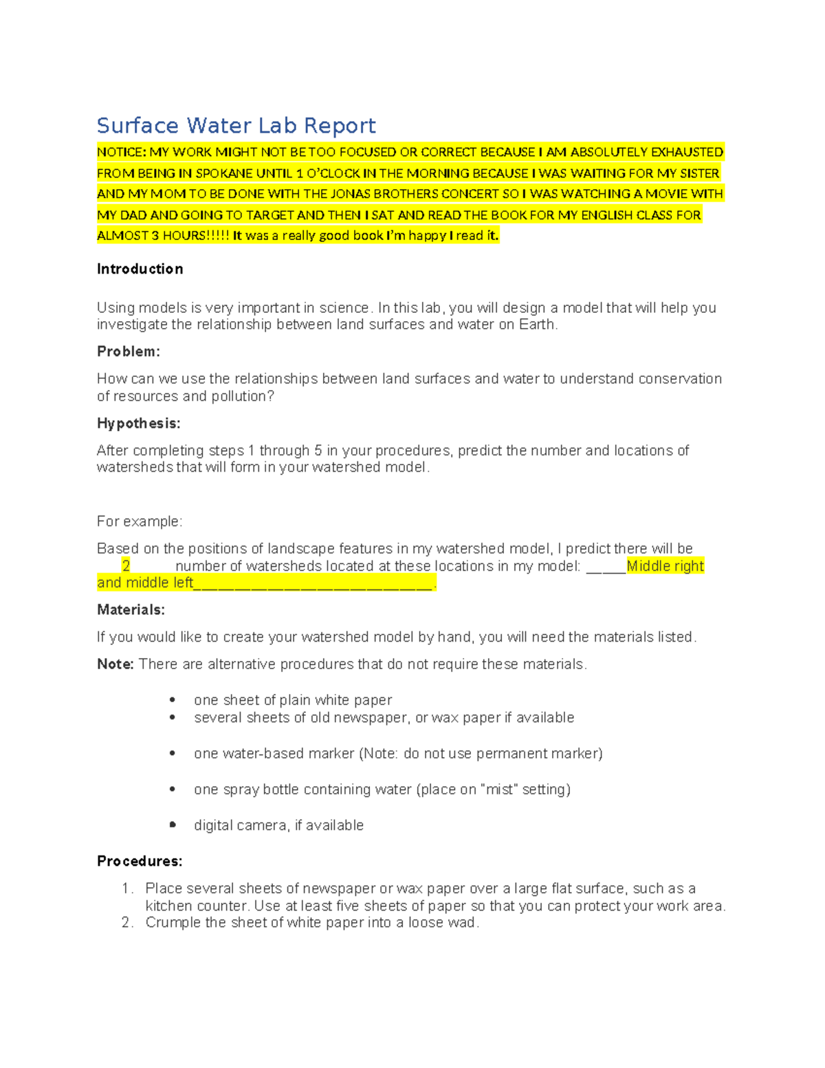 Surface Water Lab Report - Investigating Watershed Models - Studocu