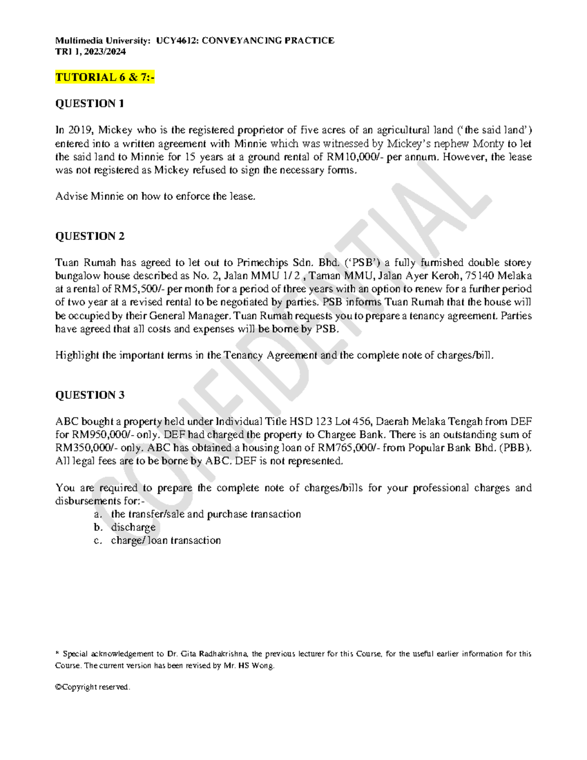 Tutorial 6 & 7 - Multimedia University: UCY4612: CONVEYANCING PRACTICE ...