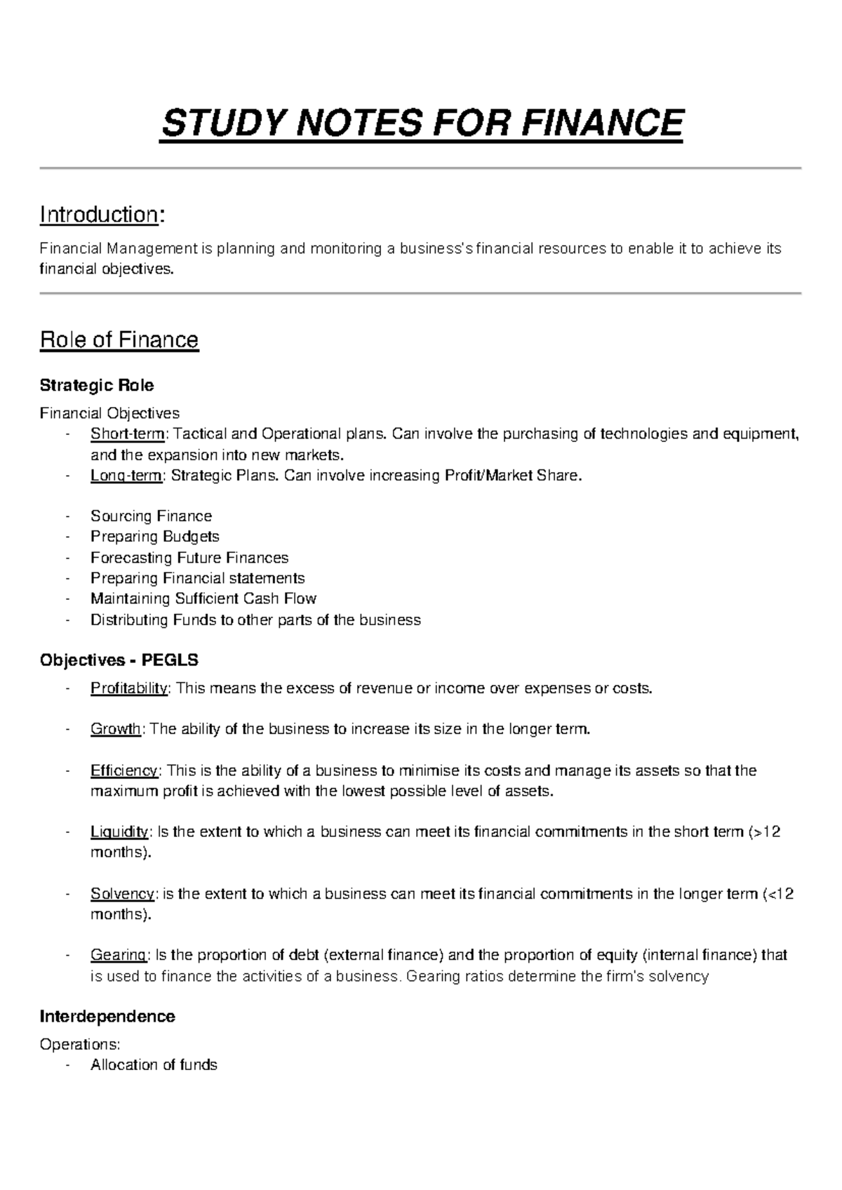 Finance Study Notes - Complete Subject Overview and Key Concepts - Studocu