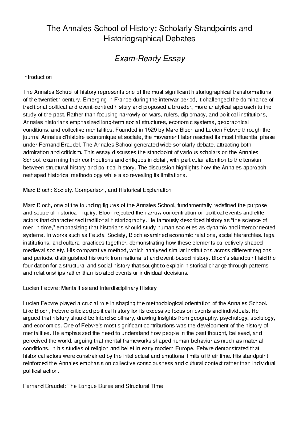 Annales School of History: Scholarly Perspectives & Debates Essay - Studocu
