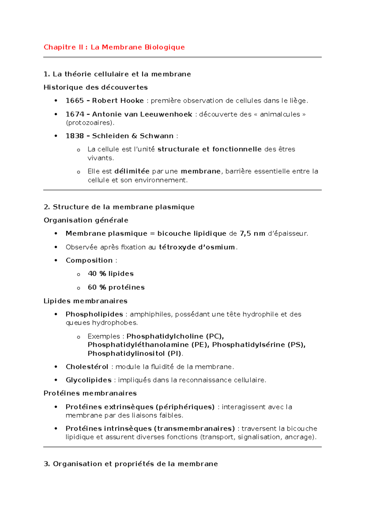 Fiche de révision Biocell chap 2 - Chapitre II : La Membrane Biologique ...