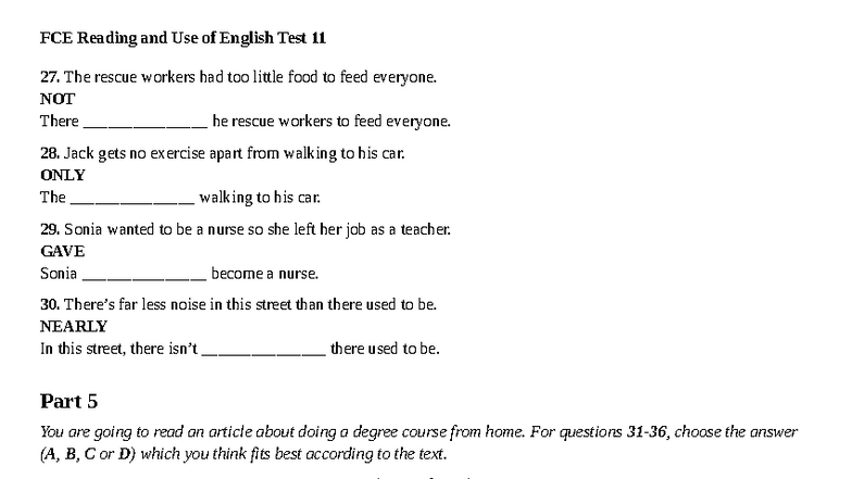 FCE Reading and Use of English Test 11 - Practice Questions and Answers ...