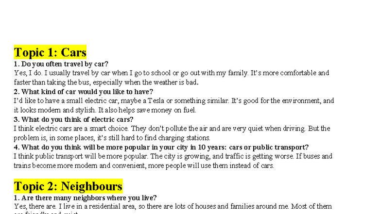 Speaking Questions Course 2 (Course 3): Topics on Cars, Neighbors ...