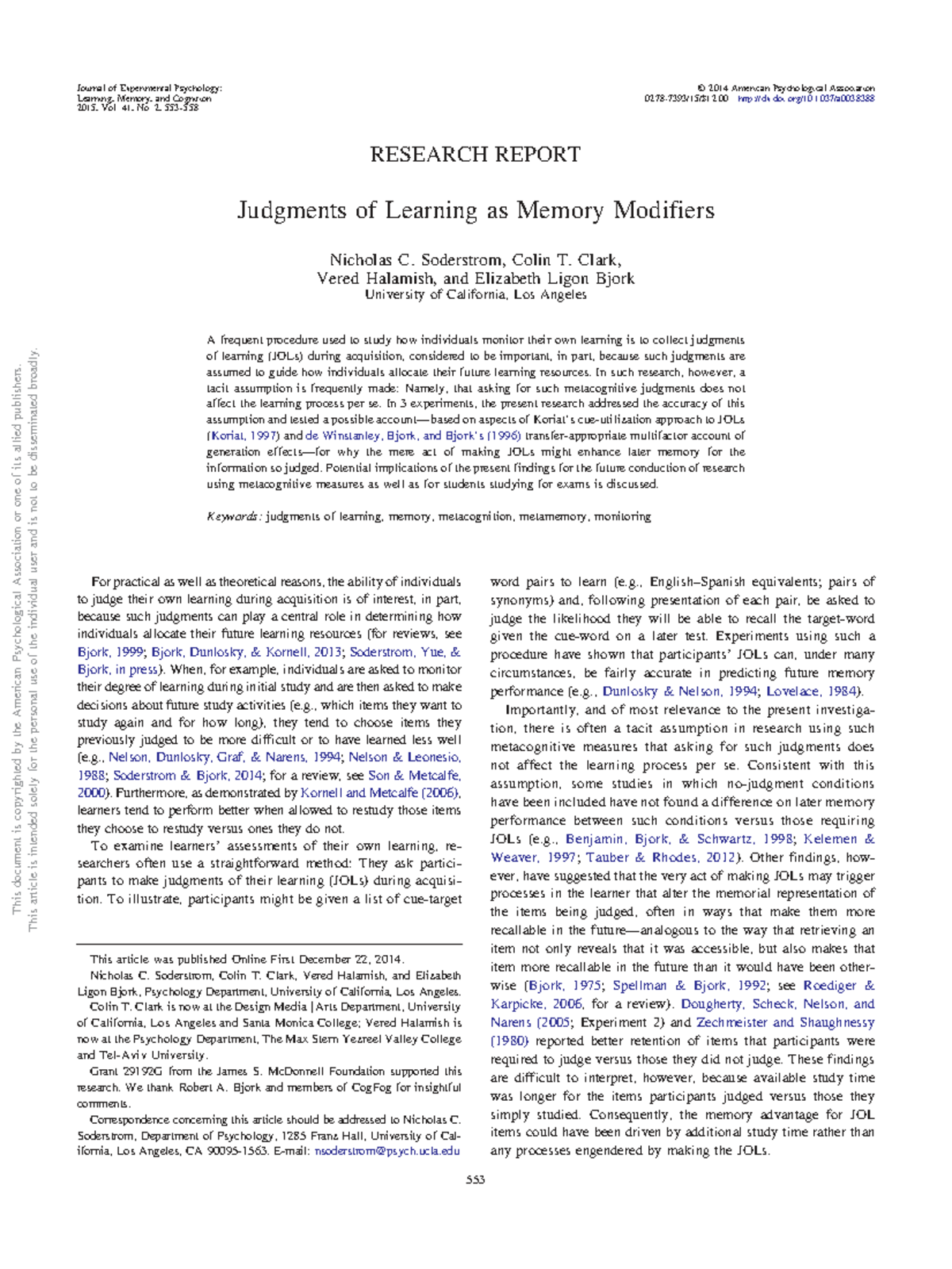 Judgments of Learning as Memory Modifiers: Insights from Experiments ...
