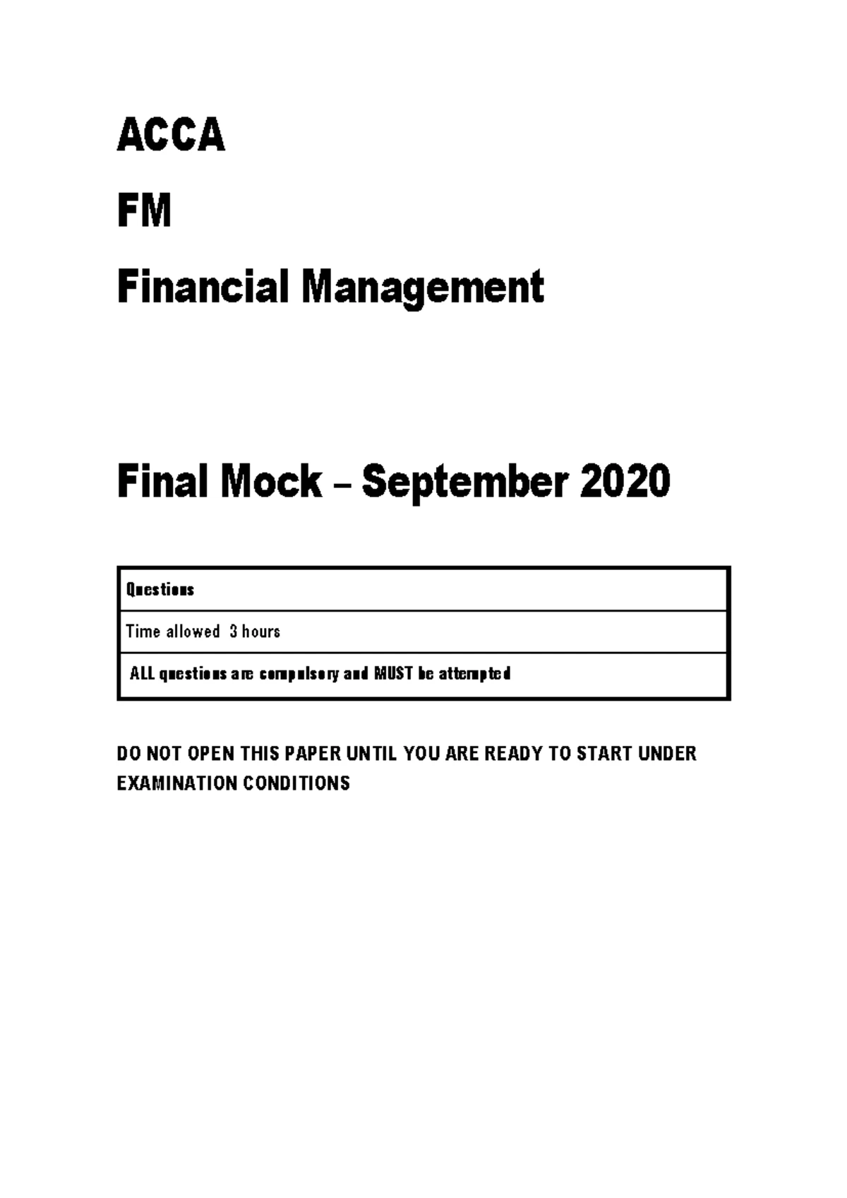 FM Mock C - Questions Sep 19 - MOCK C Financial Management September ...