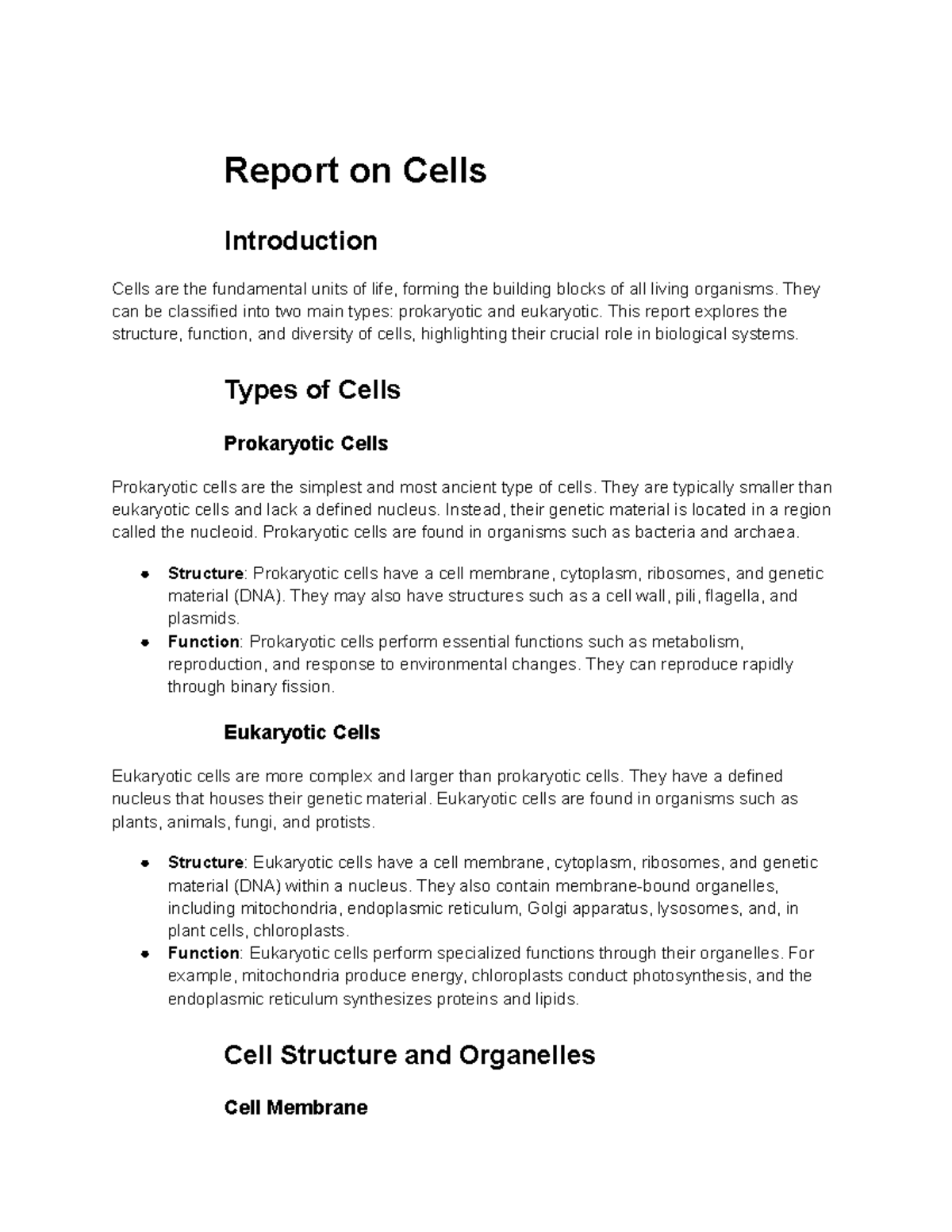 Untitled document - Summary Notebook - Report on Cells Introduction Cells are the fundamental ...