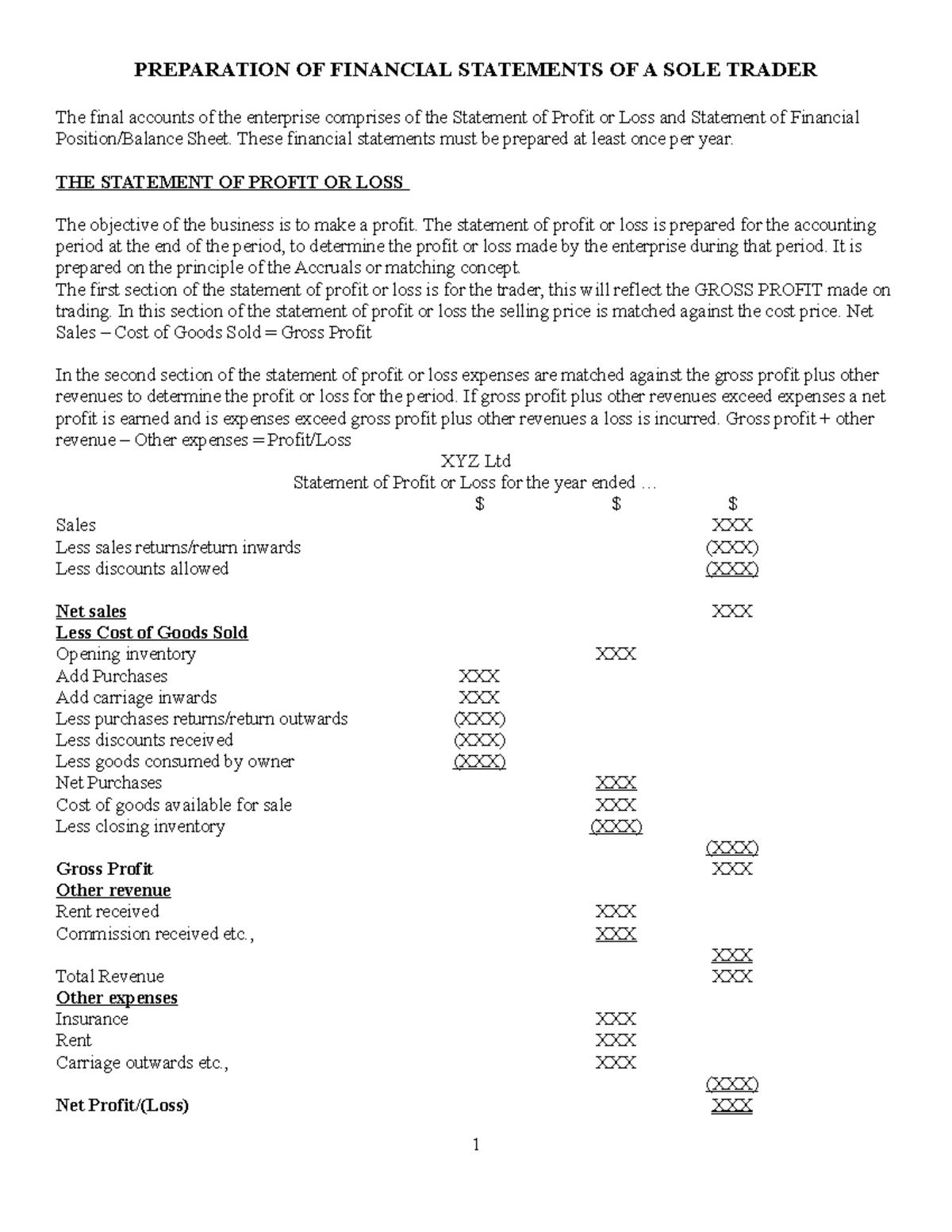 Preparation of Financial Statement for a Sole trader - PREPARATION OF FINANCIAL STATEMENTS OF A ...