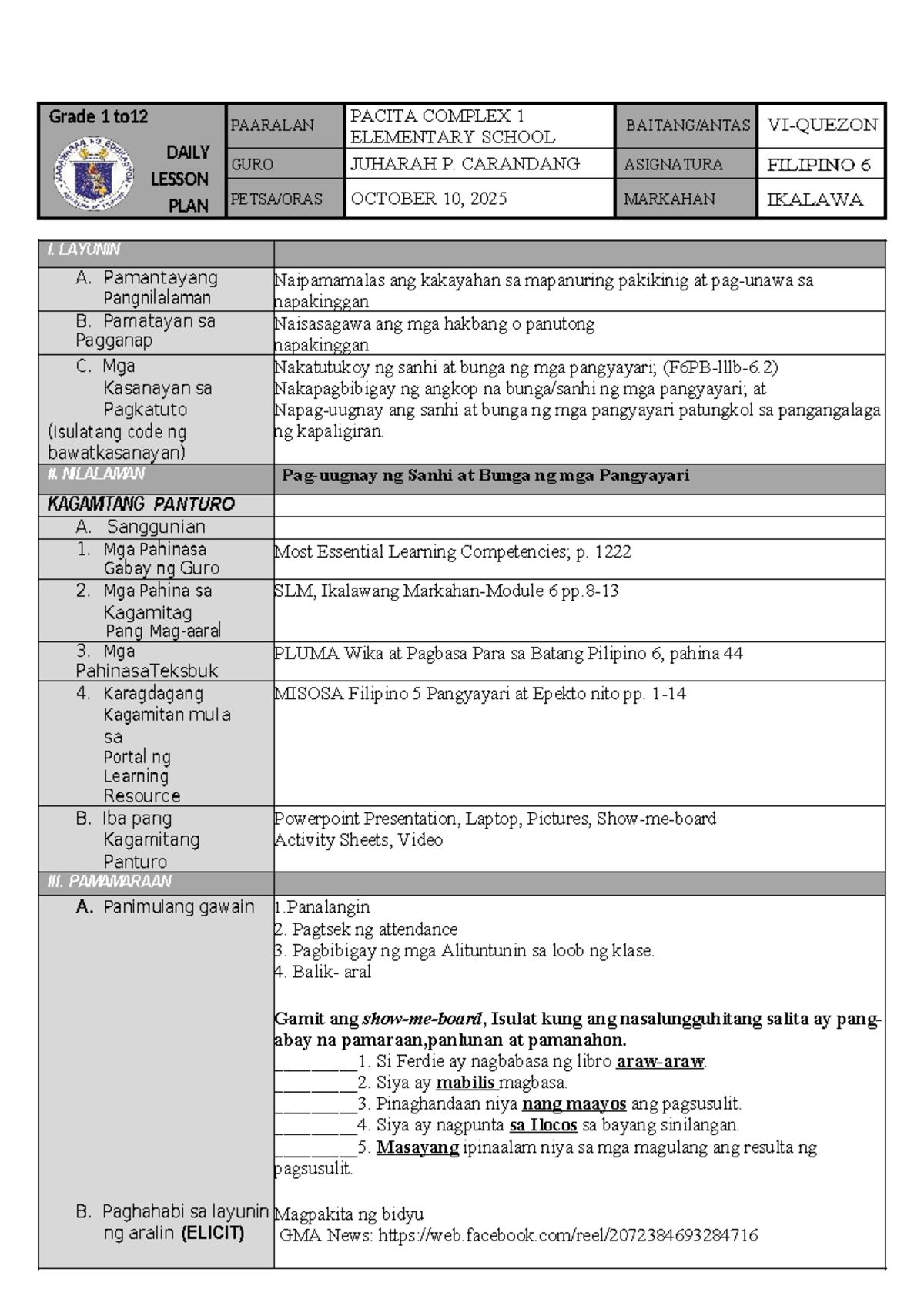 Filipino 6 Daily Lesson Plan: Sanhi at Bunga Activities - Studocu