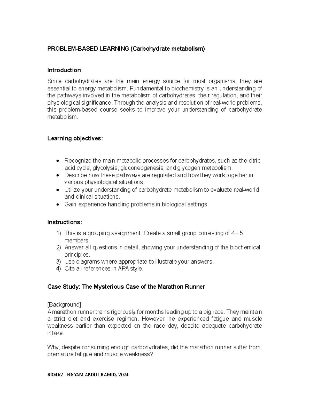 BIO462 - PBL Case Study: Carbohydrate Metabolism Challenges - Studocu