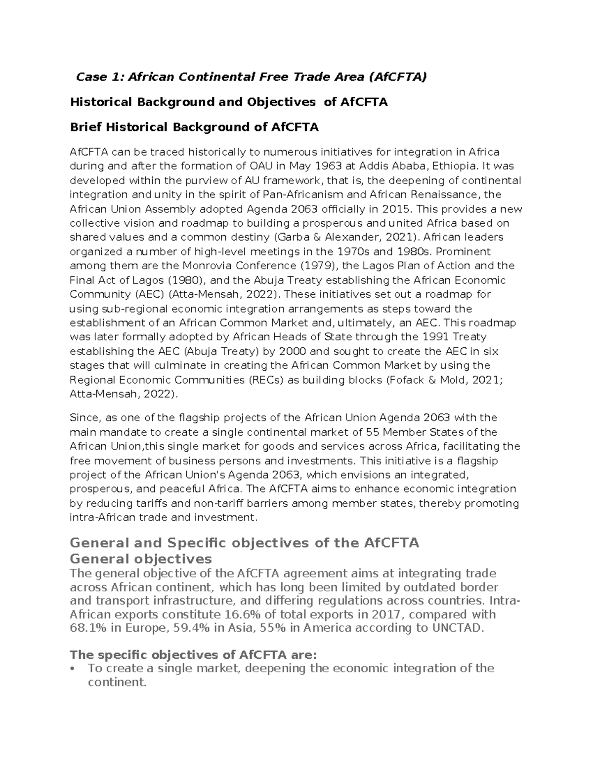 Case Study: AfCFTA Historical Background & Objectives (ACCT 101) - Studocu