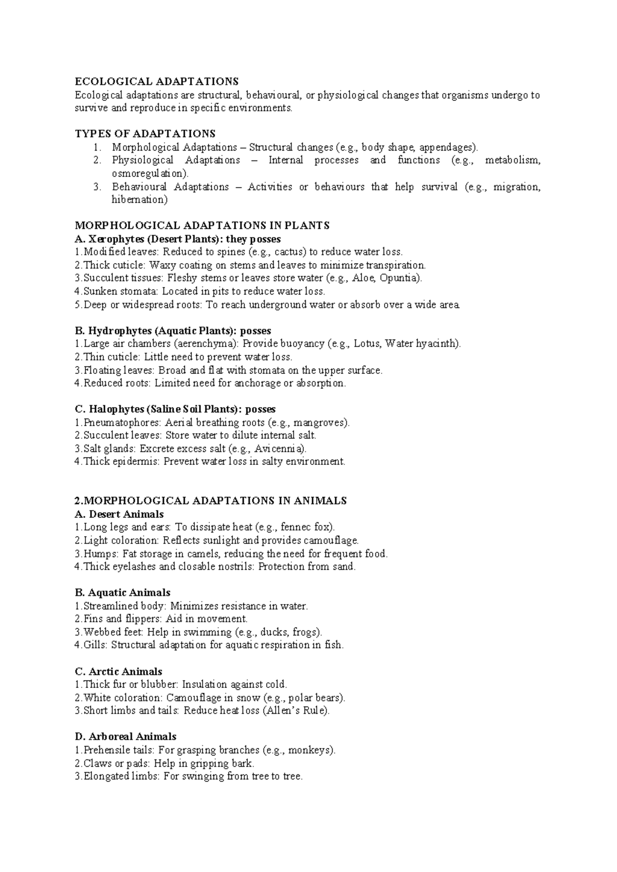 BIO 102 Lecture: Ecological Adaptations in Organisms - Studocu