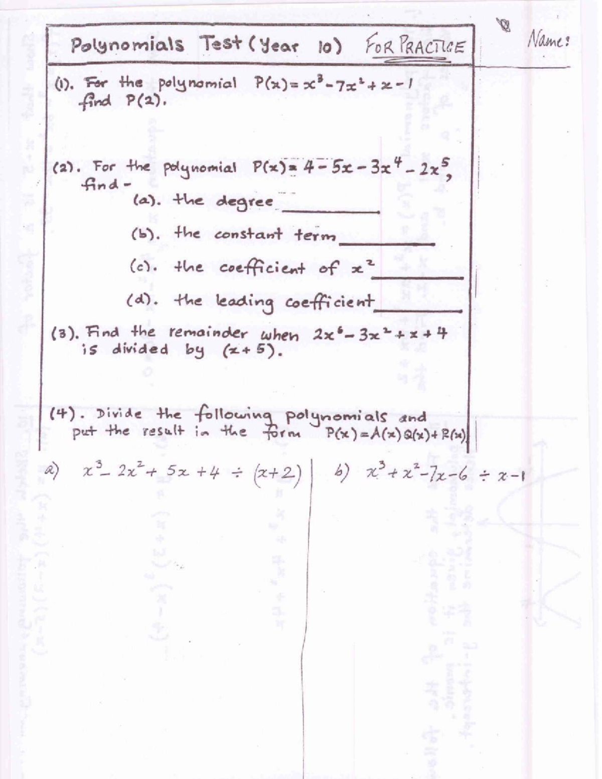 Year 10 Polynomials Test - Practice Questions - Studocu