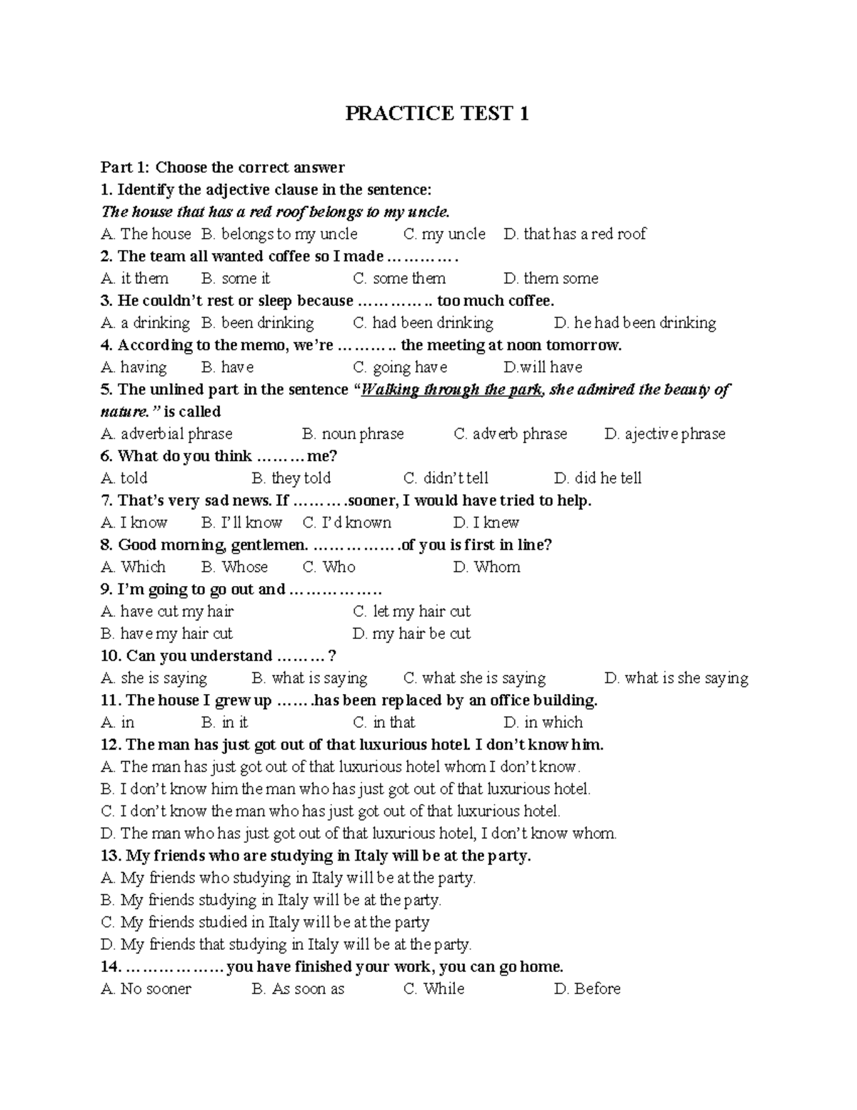 PRACTICE TEST 1: Adjective Clauses and Sentence Structure - Studocu
