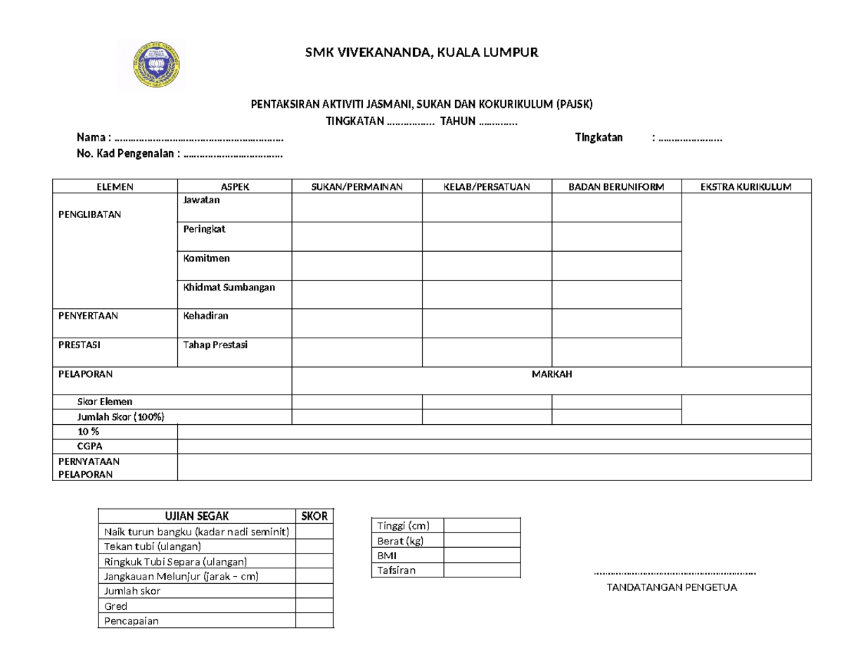 Pelaporan Pentaksiran Aktiviti Jasmani (PAJSK) Tingkatan 3 - SMK ...