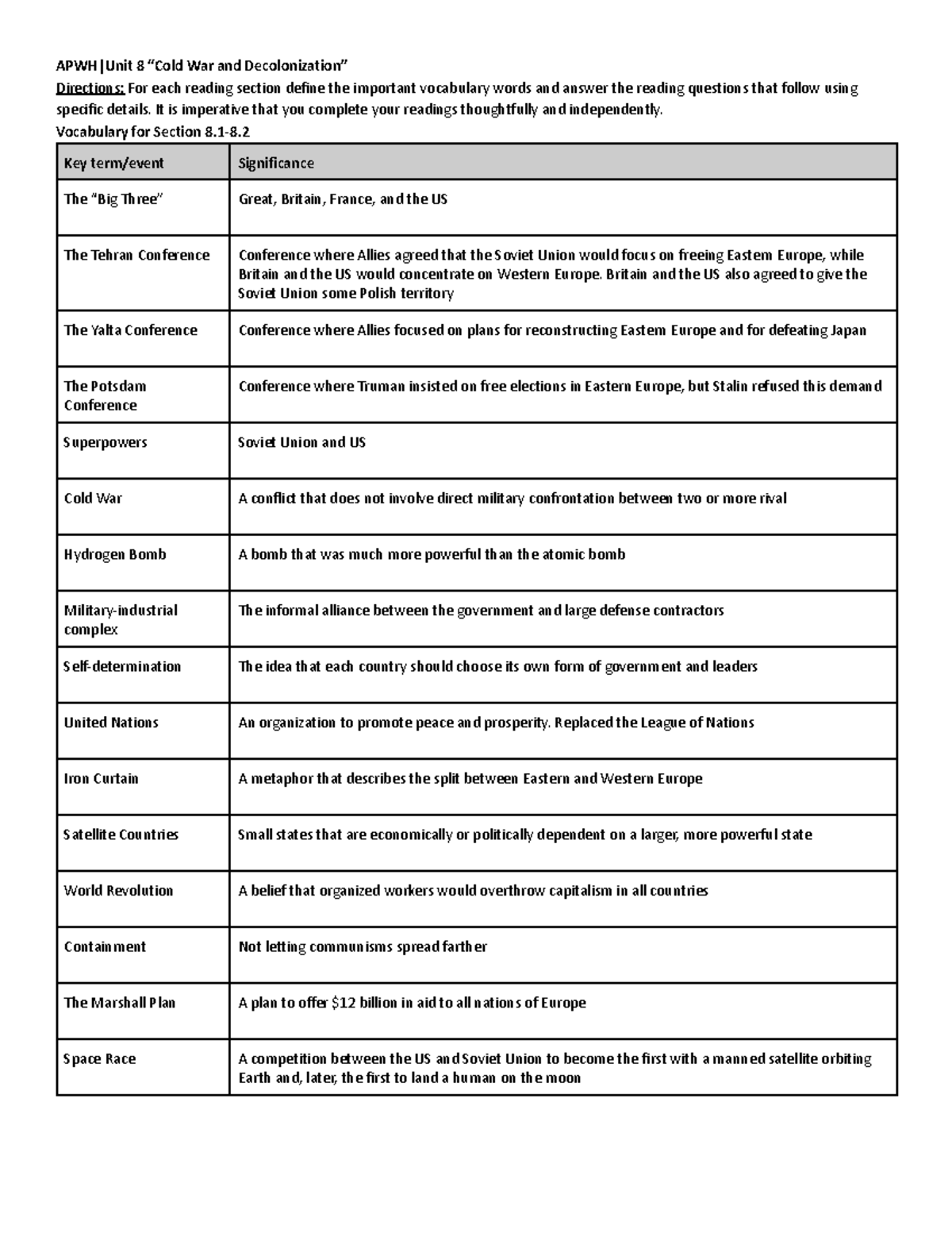 Unit 8 Amsco Reading Notes: Key Vocabulary and Cold War Developments ...