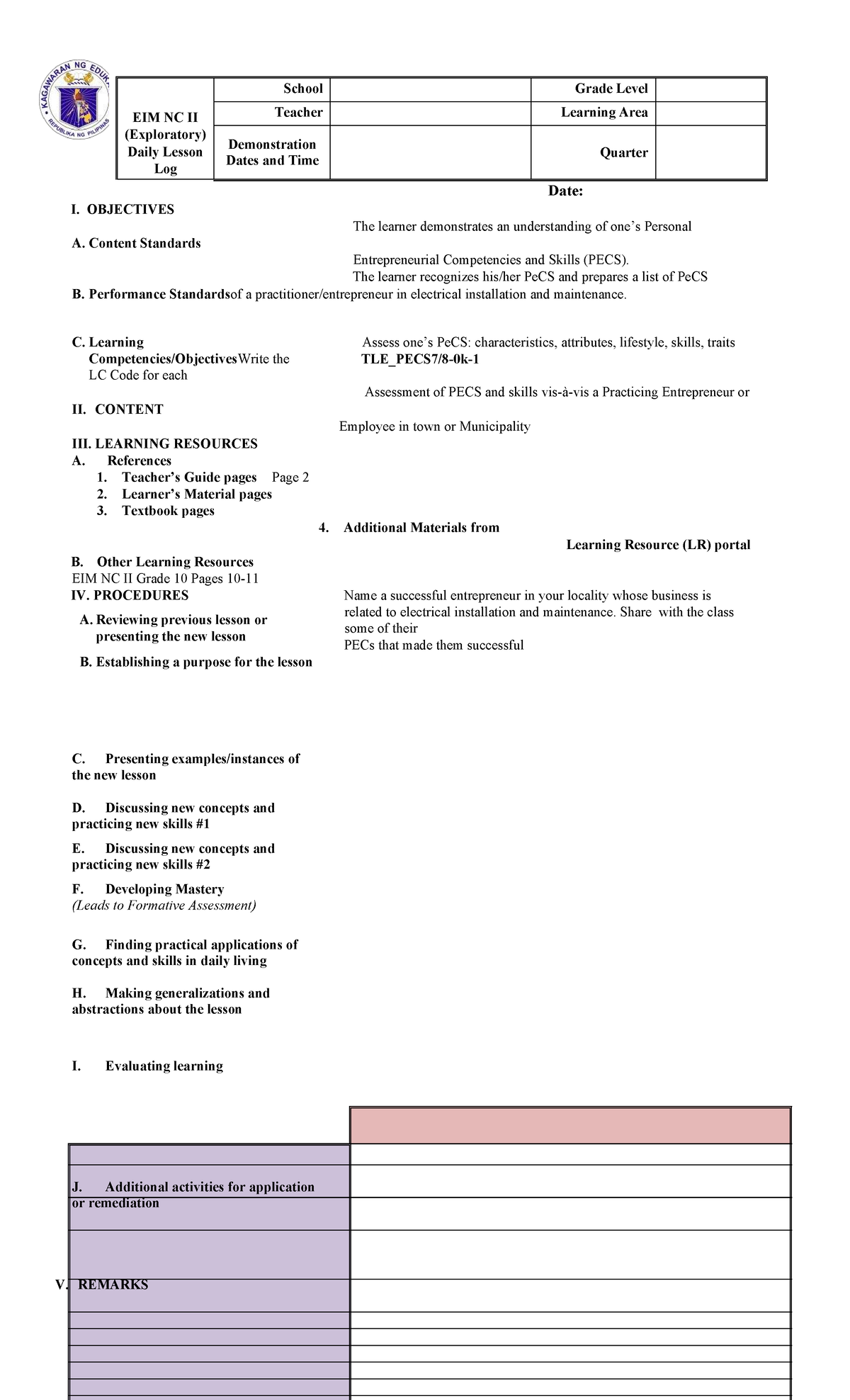EIM NC II (Exploratory) Daily Lesson Log: Electrical Installation ...