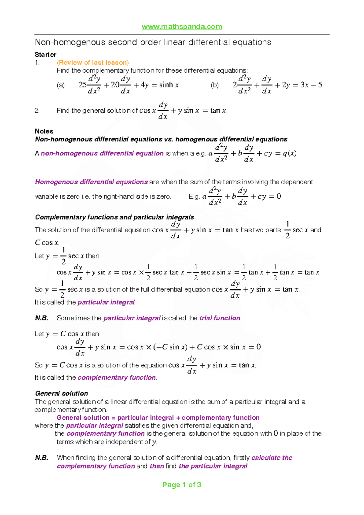 Non-Homogenous 2nd Order Linear DE Lesson (Review of Complementary ...