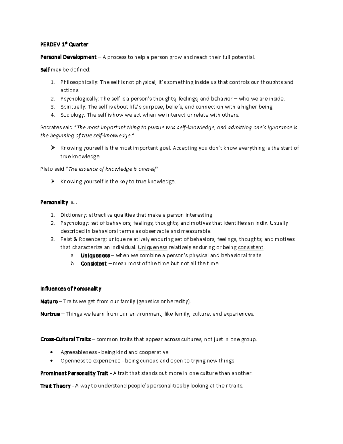 PERDEV 1st Quarter Personal Development Insights and Theories - Studocu