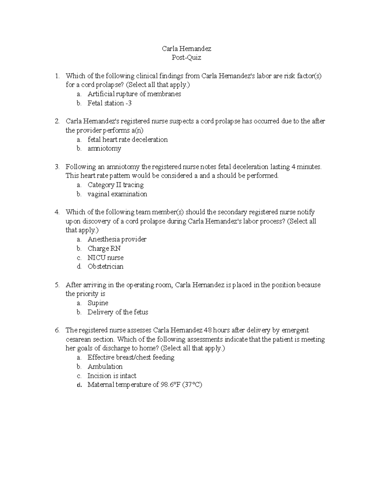 C. Hernandez Post Quiz: Cord Prolapse in Labor Assessment - Studocu