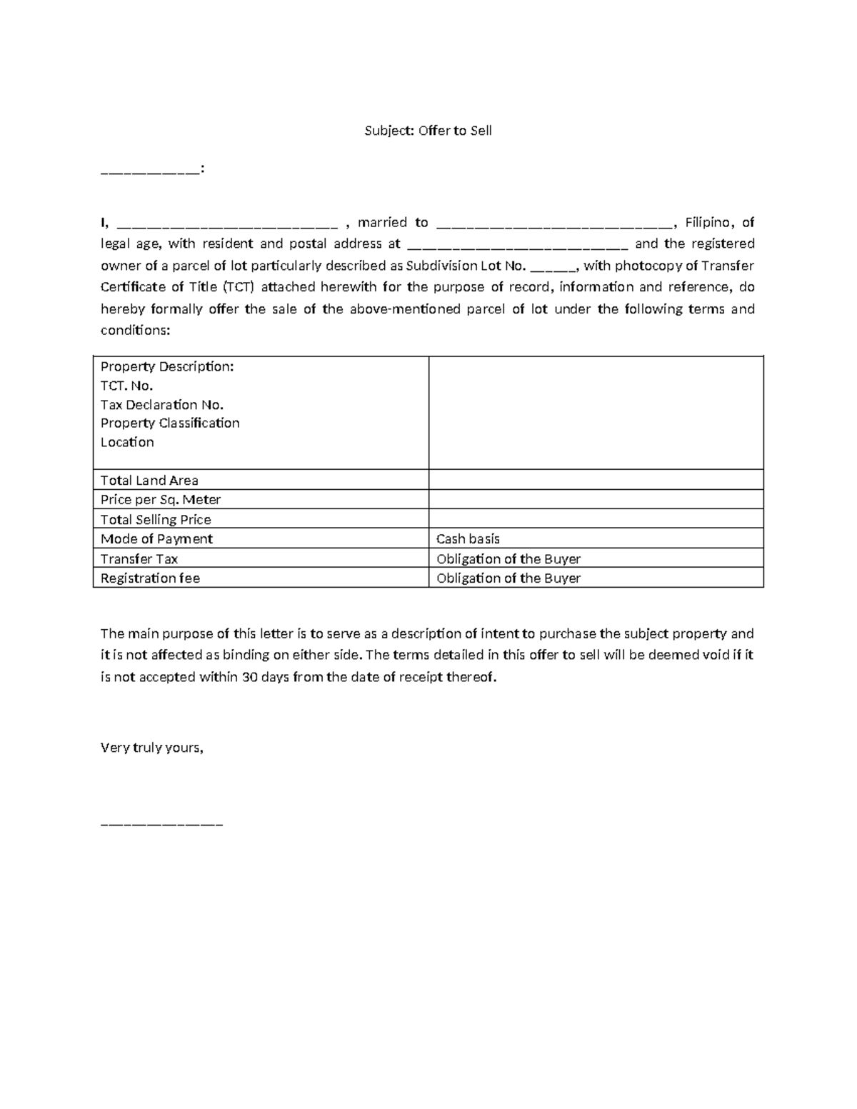Letter of Offer to Sell Property - Editable Template - Studocu