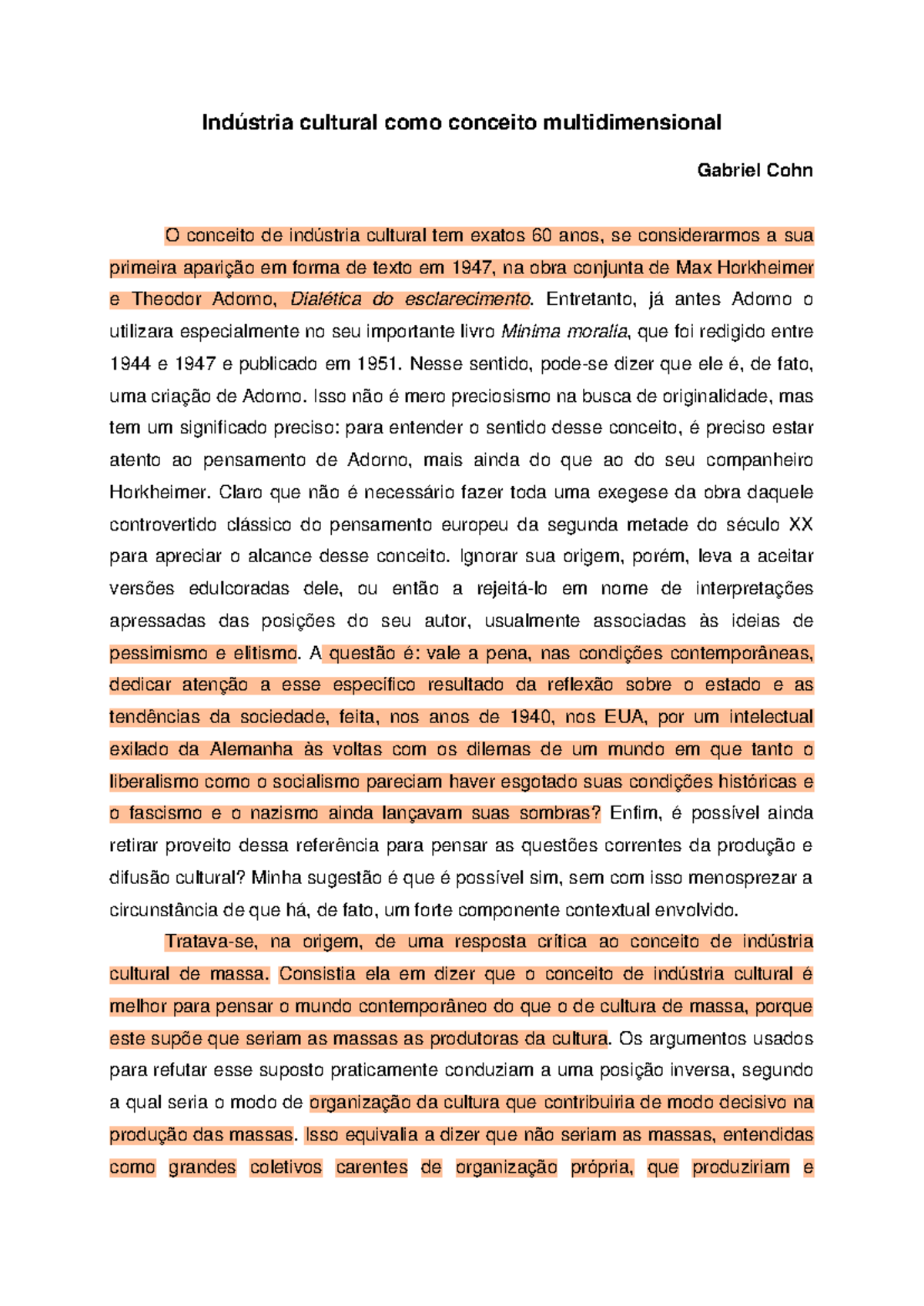 Aula03 Gabriel Cohn - aula - Indústria cultural como conceito ...