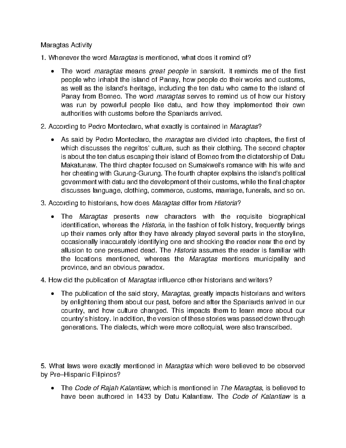Maragtas Activity Overview and Historical Insights - Studocu