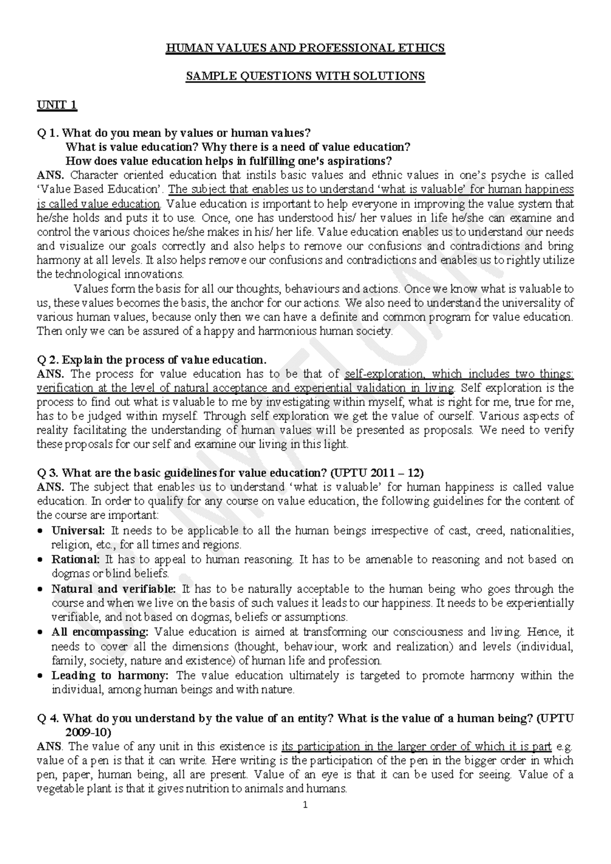 HUMAN VALUES AND PROFESSIONAL ETHICS UPTU SAMPLE QUESTIONS & SOLUTIONS ...