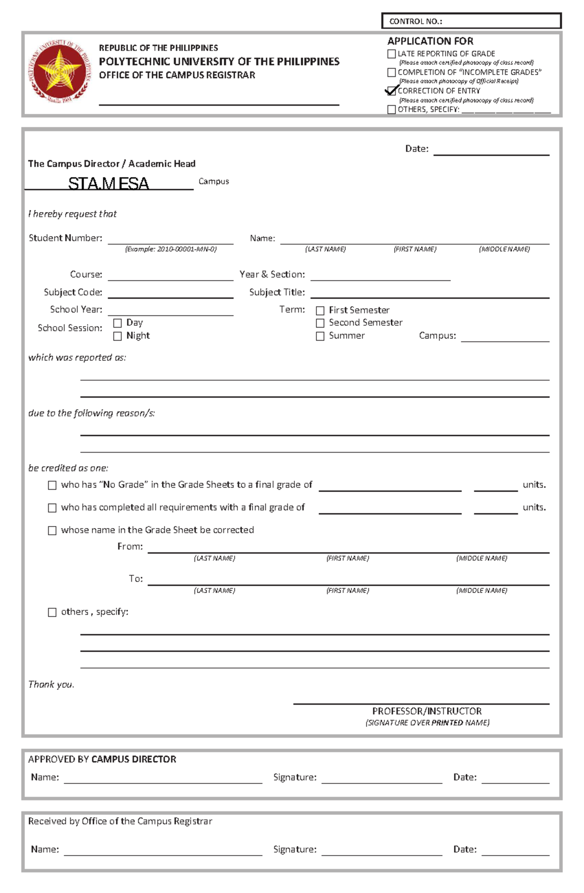 PUP Completion Form for Late Grade Reporting and Corrections - Studocu