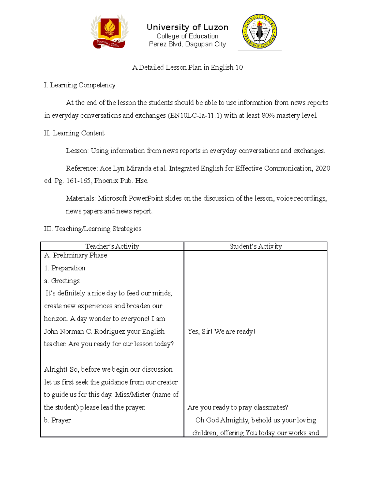 English 10 Detailed Lesson Plan: Macro-Skill Listening Strategies - Studocu