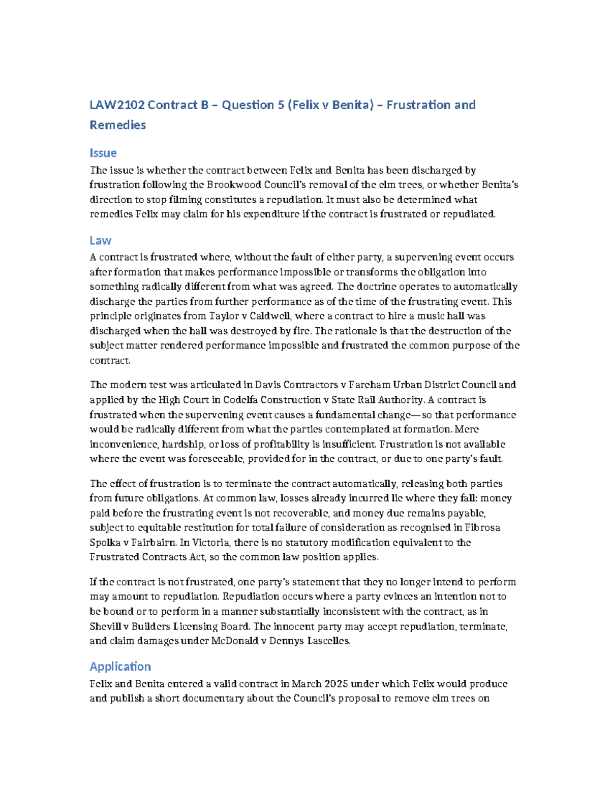 LAW2102 Contract B Q5 Analysis of Frustration in Felix v Benita - Studocu